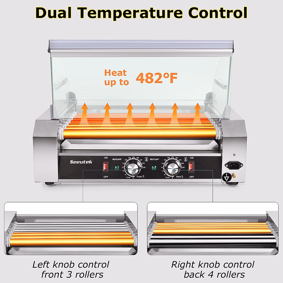 Seeutek Hot Dog Roller 7 Rollers 24 Hot Dogs Capacity 1100W Stainless Hot Dog Toaster With LED Light, Hot Dog Machine W/Dual Temp Control Glass Hood Acrylic Cover Warmer Shelf Removable Oil Drip Tray