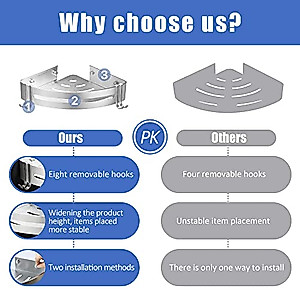 pentaQ 2 Pack Corner Shower Shelves with 8 Removable Hooks, No Drilling Adhesive Wall Mounted Aluminum Bathroom Shelf, Corner Shower Caddy Shelf Basket Shampoo Holder Organizer