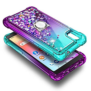 NZND Case for Alcatel TCL A3 (A509DL)/TCL A30 with Tempered Glass Screen Protector (Maximum Coverage), Ring Holder/Wrist Strap, Women Girls Kids Sparkle Glitter Liquid Cute Case -Aqua/Purple