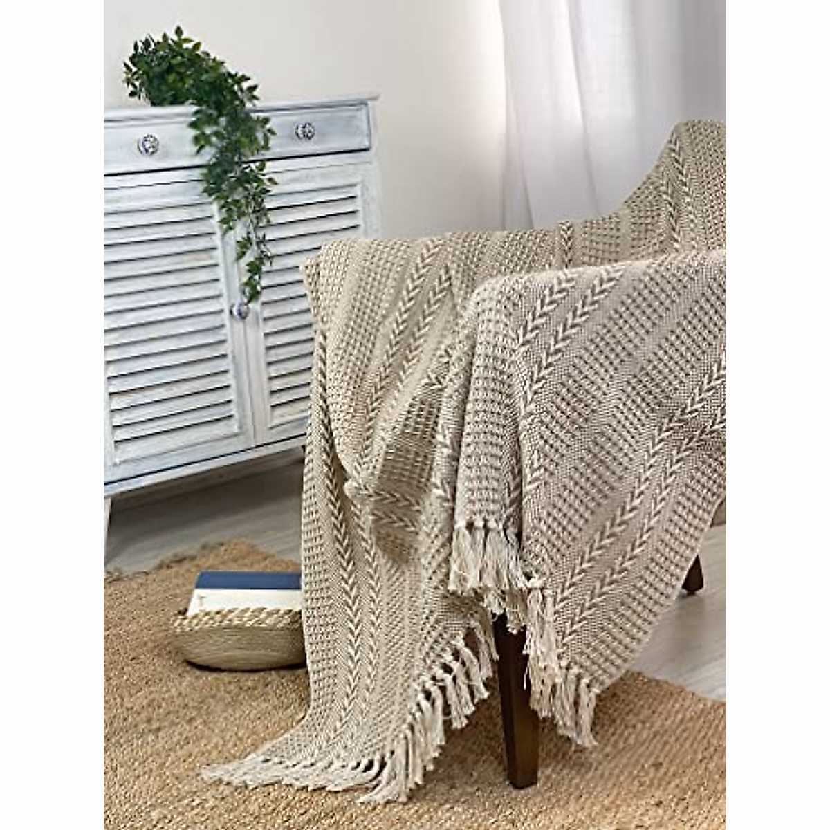 Chardin home Beige Braided Waffle Weave Throw, 50x60 Inch Recycled Cotton- Large, Wearable, Breathable, Skin-Friendly Everyday use Blanket for Couch, Bed, Sofa - Soft Lightweight Picnic Rug