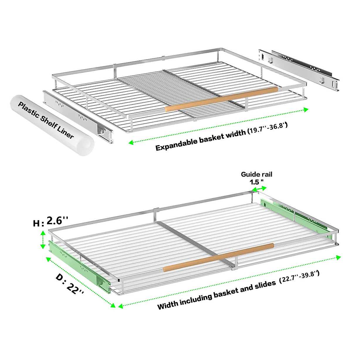 MIYUPTC Large Pull Out Kitchen Cabinet Organizer, 22.7''-39.8''Width, Heavy Duty Slide Out Pantry Shelves Sliding Drawer Storage for Kitchen, Under Sink, Bathroom, Wardrobe, Set of 2