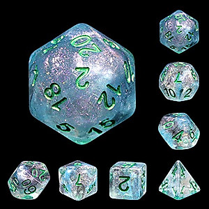 DND Polyhedral Dice RPG Dice for Dungeons and Dragons,Pathfinder,MTG,D&D Role Playing Game,Green Single Floating Transparent Flashing Green Glitter Dice Set,with Grey Waterproof Bag