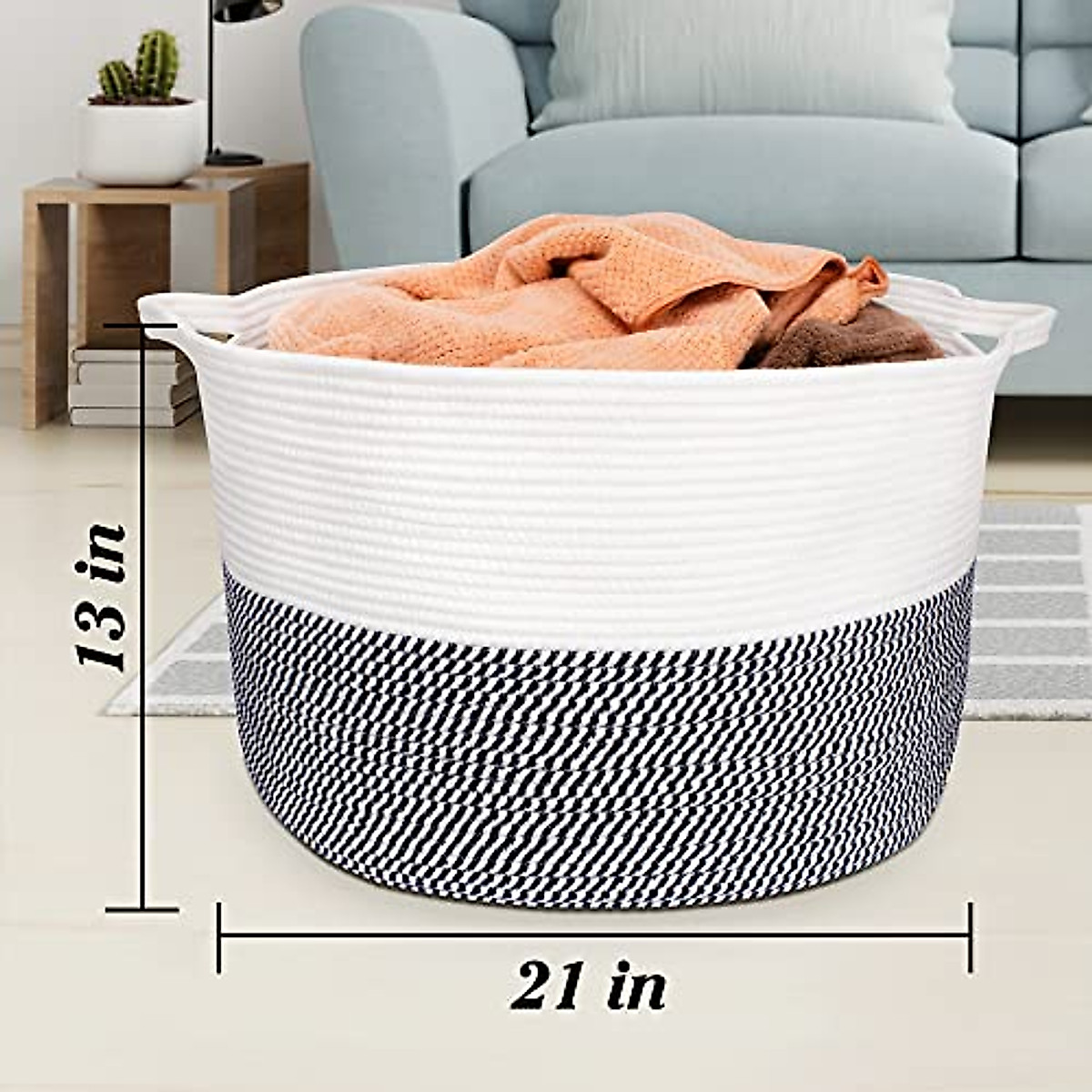 Annecy XXLarge Cotton Rope Basket, 21x13 Inches Blanket Basket Living Room, Woven Baby Laundry Basket with Handle for Toy, Towels, Pillows, Decorative Basket for Blankets, White & Blue