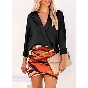 EVALESS Womens Tops Black Long Sleeve Shirt Sexy V Neck Blouses for Women Fashion 2023 Business Casual Outfits for Women Work Professional Spring Fall Clothes Ladies Wrap Tops, Tees & Blouses,Small