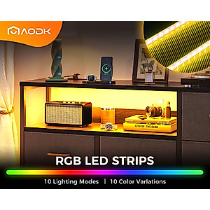 AODK Dresser with LED Lights and Charging Station, 52-Inch Long Dresser for Bedoom with 7 Large Storage Drawers, Fabric Dresser TV Stand with Open Shelves, Dark Grey