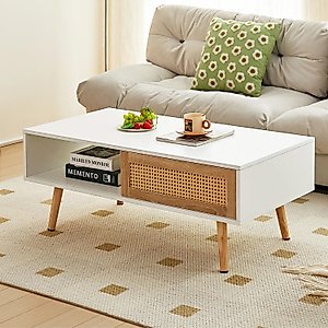 Mid Century Modern Coffee Table with Storage, 41.3 Inch Rectangle Wooden Accent Center Sofa Table with Sliding PE Rattan Woven Door Panel and Solid Wood Legs, Suitable for Living Room, Apartment