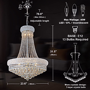 BEIRIO 13-Lights Chrome Finish Classic Empire Style K9 Crystal Chandelier Ceiling Light for Living Room Foyer Dining Room Hallway Bedroom (24×31.5 inch) New Packaging Easy to Install