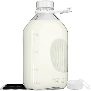 2 Qt Glass Milk Bottle with Reusable Strong Airtight SCREW LID, 64 Oz Glass Juice Bottles for Almond Milk, Oat Milk - 0.5 Gal Glass Water Bottle with 2 Exact Scale Lines, Extra Handle AND Cap！