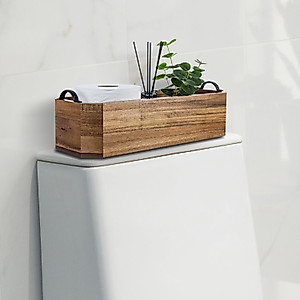 MyGift Bathroom Caddy Tray Natural Acacia Wood Toiletries Storage Bin and Toilet Paper Holder with Metal Handles, Toilet Tank/Vanity Countertop Organizer Basket