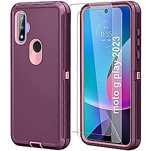 Qinmay for Moto G Play 2023 Case with HD Screen Protector (2 Packs),Motorola Moto G Play 2023 Phone Case 3 in 1 Heavy Duty Armor Shockproof Phone Case for Motorola Moto G Play 2023 (WineRed Pink)