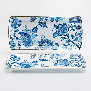 Gracie Bone China Blue Danube Rectangular Shape Serving Trays, Set of 2 (9.75")