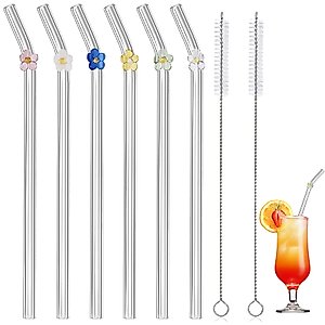 Reusable Glass Straw Shatter Resistant, Clear Glass Straws with Flowers, Cute Glass Straws for Smoothies and Normal Liquid Drinks, 6 Bent Straw with 2 Cleaner Brush