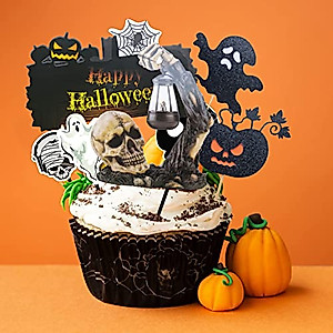 Halloween Party Supplies Cake Toppers, 25PCS Halloween Cupcake Picks Set, Haunted House Cake Decor with Pumpkin Ghost and Skull, Bake Dessert Favors for Halloween Kids Decorations Gift