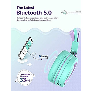iClever Kids Bluetooth Headphones, BTH02 Kids Headphones with MIC, 22H Playtime, Bluetooth 5.0 & Stereo Sound, Foldable, Adjustable Headband, Childrens Headphones for iPad Tablet School (Green)