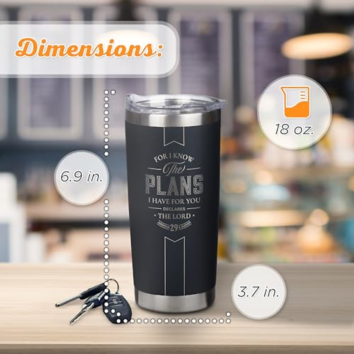 Christian Art Gifts Large Stainless Steel Inspirational Travel Tumbler for Men & Women: Know the Plans Encouraging Bible Verse, Engraved Double Wall Vacuum Insulated, Lid, 24hr Hot/Cold, Black, 18 oz.