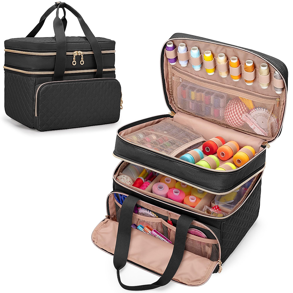 YARWO Double-Layer Sewing Supplies Organizer with 5 Customized Dividers, Portable Sewing Accessories Storage Bag with Multi Pockets for Sewing Kits and Tools, Black (Bag ONLY)