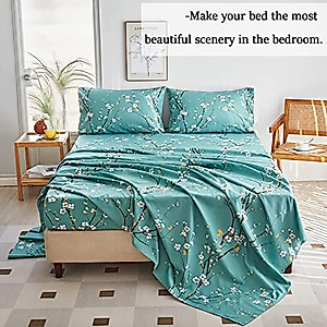 ZRNBAST Teal Sheet Set 4 Pcs Full Sheet Set Floral Print Flat Sheet Fitted Sheet Farmhouse Shabby Bedding Sheets Easy Fit Microfiber Sheets-All Seasons (Teal, Full)