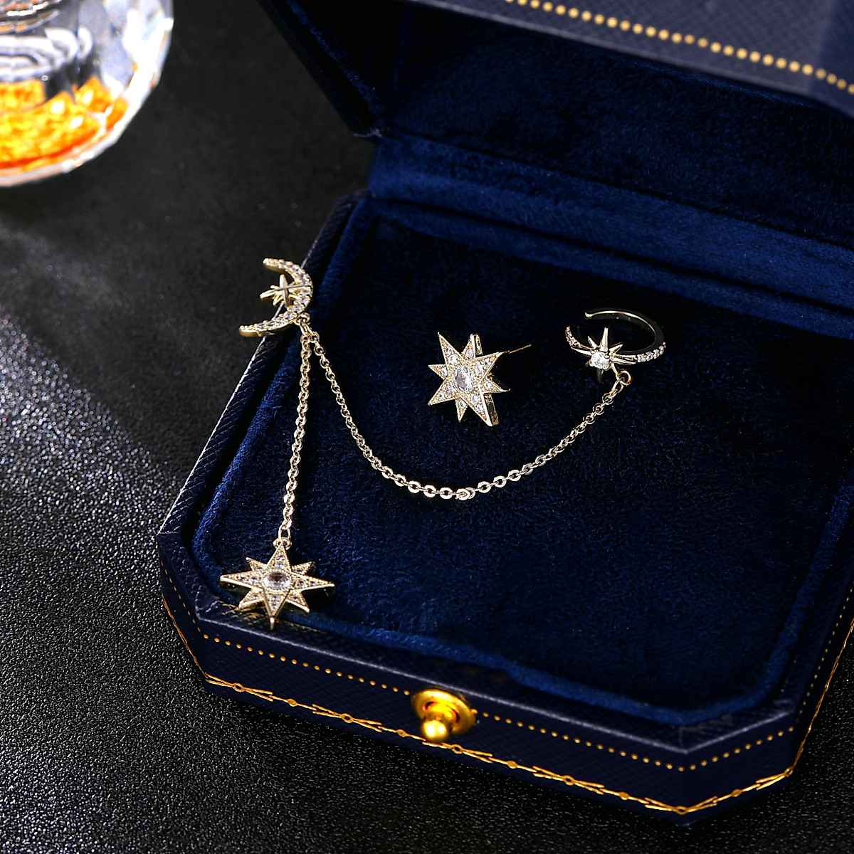 Asymmetric Moon Star CZ Ear Cuff Wrap Clip On 925 Sterling Silver Stud Long Chain Climbers Crawler Tassel Dangle Drop Cartilage Hoop Earrings for Women Girls Fashion Hypoallergenic Gifts Bff (gold)