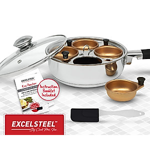 ExcelSteel Non Stick Easy Use Rust Resistant Home Kitchen Breakfast Brunch Induction Cooktop Egg Poacher, 4 Cup, Gold Tone