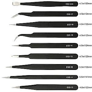 ESD Anti-Static Precision Tweezers Tools Kit Non-magnetic Stainless Steel Tweezers Set with Storage Bag by AKTOO for Electronics soldering,Phone Repair,Jewelry,Craft,Laboratory Work,9 Pcs
