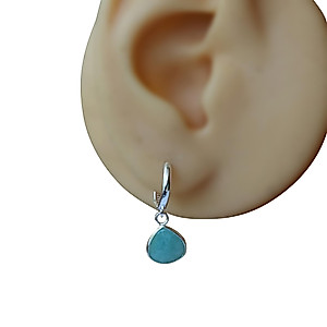 Handmade Silver Small 12MM Hoop Earrings & Pear Shape 9x9mm Amazonite Gemstone Charm, 925 Sterling Silver, Pair of Small Elegant Dainty Hoops for Women, By Miya Jewelry Creations