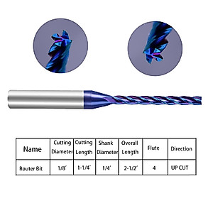 XUANFENG 4 Flutes NACO Coating Up Cut Spiral CNC Router Bit 1/4 inch Shank, 1/8 inch Cutting Diameter End Mill for 2D 3D Wood Cut, Carving Size: 1/8x1-1/4x 2-1/2" Shank 1/4" STF445