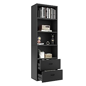 SILKYDRY 74” Tall Bookshelf with 2 Drawers, 4 Tiers Open Storage Shelves, Freestanding Bookcase with Anti-Tip Devices, Wooden Book Organizer Cabinet for Bedroom, Living Room, Home Office (Black)