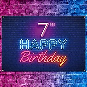 Glow Neon Happy 7th Birthday Backdrop Banner Decor Black – Colorful Glowing 7 Years Old Birthday Party Theme Decorations for Boys Girls Supplies