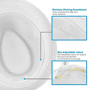 Straw Fedora Hat Short Brim Packable Roll Up Trilby Hat Classic Adjustable Panama Summer Beach Sun Hat UPF 50+ (One Size, White)