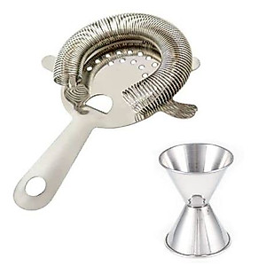 Mnixy STR-4-PRO 4 Prong Strainer with Tight Coil and Double Sided Jigger Cocktail, Stainless Steel, Silver