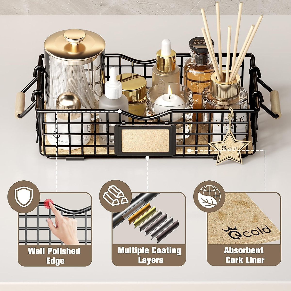 Qcold Bathroom Organizers and Storage, 3 Pack Storage Baskets for Shelves, Multipurpose Closet Storage Bins with Wooden Handle, Decor Organizer Basket Set for Bathroom, Laundry, Living Room - Black