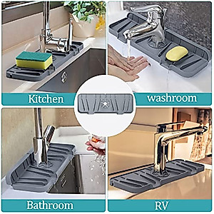 ABQ Kitchen Sink Splash Guard, 2 Pack Silicone Faucet Handle Drip Catcher Tray, 14.57" x 5.31" Drying Mat for Kitchen Countertop & Bathroom Sink Protectors (Grey)