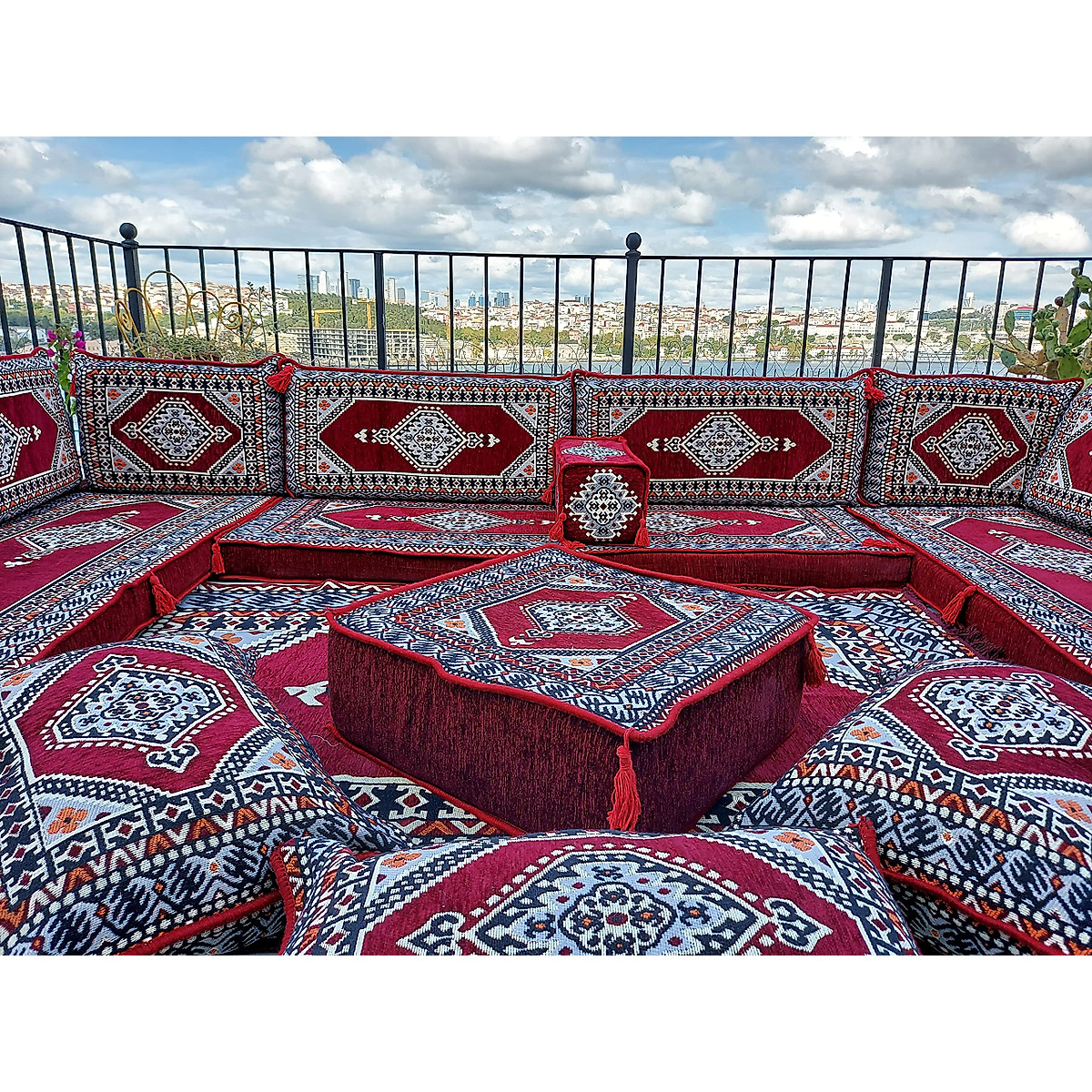 Traditional Floor Cushions, U Shaped Maroon Sectional Sofas, Arabic Floor Sofa Set, Pallet Sofa, Arabic Majlis, Yoga Meditation Sofas (U Sofa Full Set)