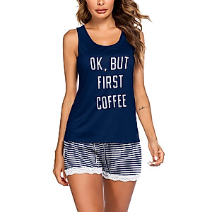 Ekouaer Womens Pajama Sets Sleeveless Tank Top and Shorts Pj Set Lace Hem Sleepwear S-XXXL Navy Blue