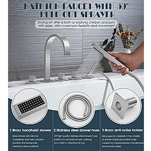 Roman Bathtub Faucet Set with Handheld Sprayer and Rough-in Valve Widespread Deck Mount 5 Hole Classic High Arch Tub Faucets Trim Kit 3 Handle with Diverter Lever Bath Tub Filler (Black)