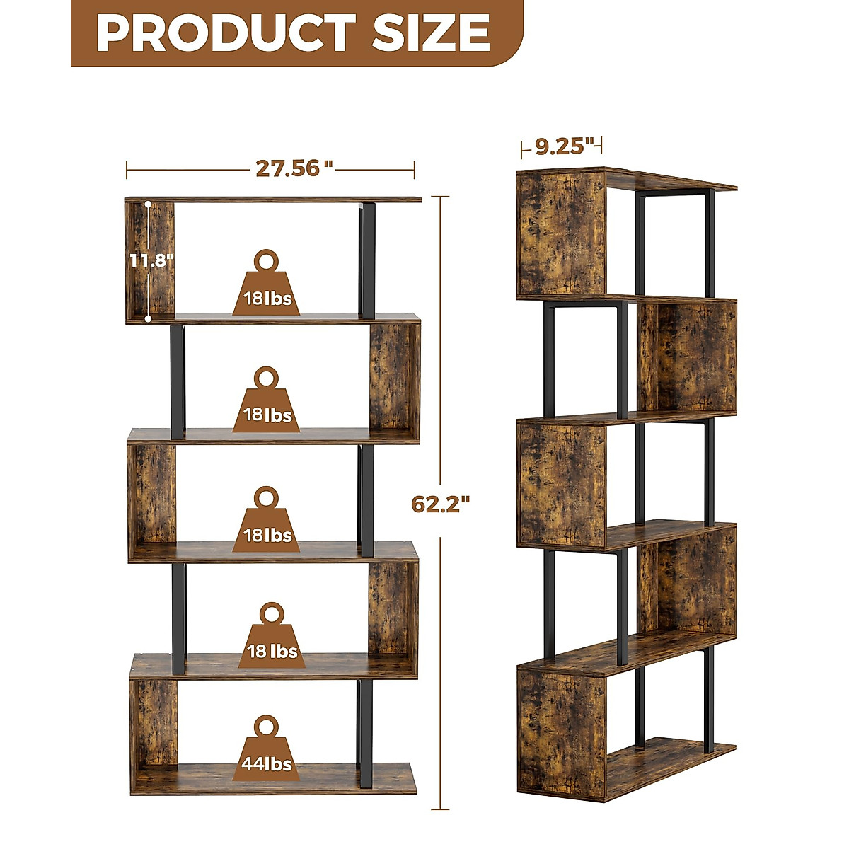 Gadroad 5-Tier Geometric Bookcase,S Shaped Bookshelf, Wood Decorative Storage Shelving, Modern Freestanding Display Shelves, Tall Book Shelf Unit for Living Room Bedroom, Rustic Brown