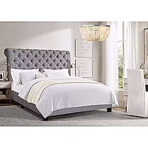 Rosevera Gideon Bed Frame/Fabric Upholstered Bed Frame with Adjustable Headboard/Chesterfield-Styled/Wood Slat Support/Easy Assembly,Full,Textile Gray