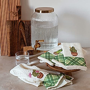 Lavien Home, Kitchen Dish Towels with Cactus Embroidered, Decorative Succulent Flowers Cute Tea Towels Turkish Cotton Waffle Weave 16 x 24 inches (Set of 4)