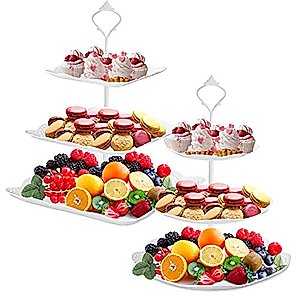 Cupcake Stand,2 Set of 3-Tier Dessert Plates Mini Cakes Fruit Candy Display Tower Cookie Tray Rack Candy Buffet Holder Plastic Cake Stand for Wedding Home Holiday Birthday Christmas (Round Square)