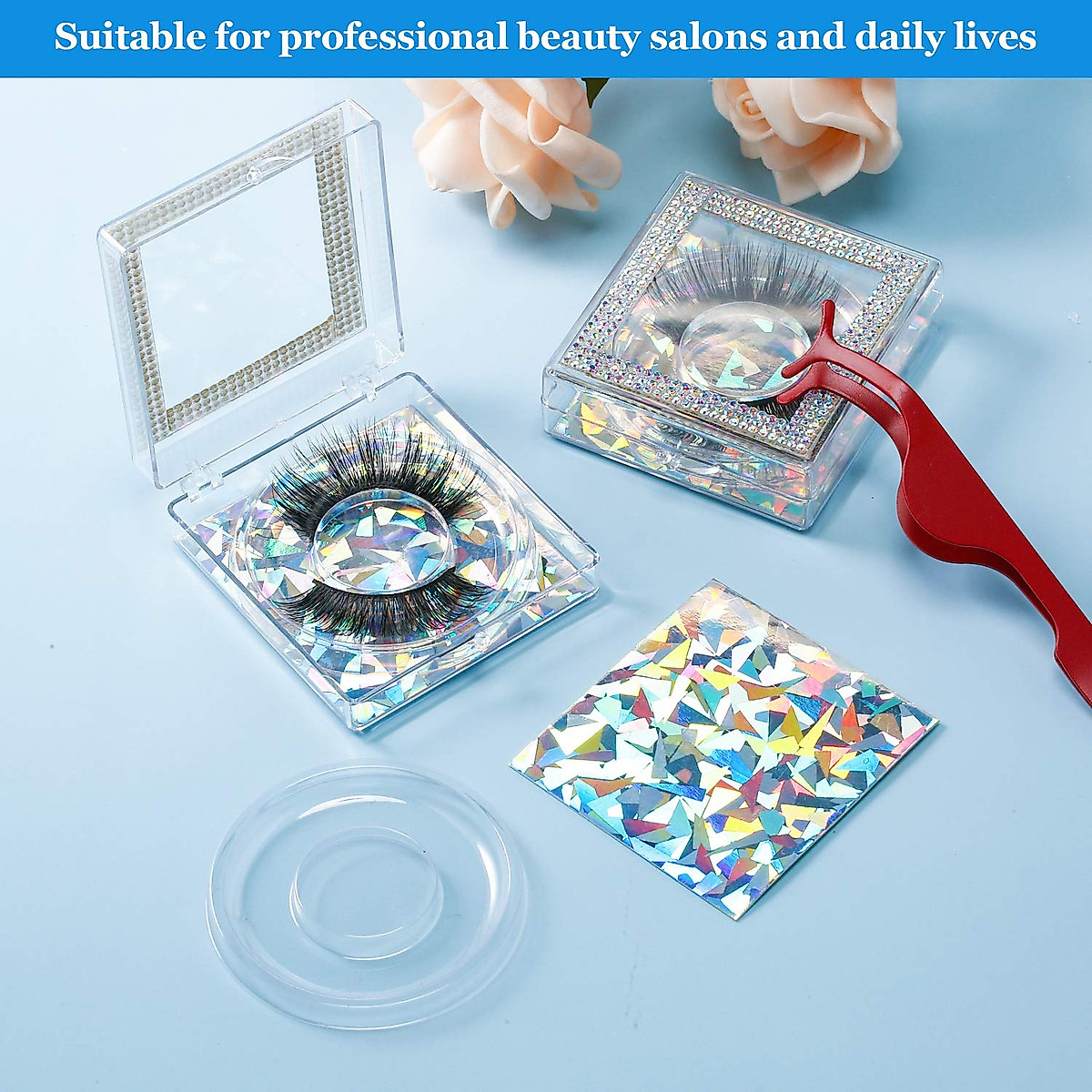 Blulu 8 Pcs 3D Empty eyelash case, Glitter lash cluster box Square Eyelash Storage Boxes with Glitter Paper and Clear Tray for Women(Silver)