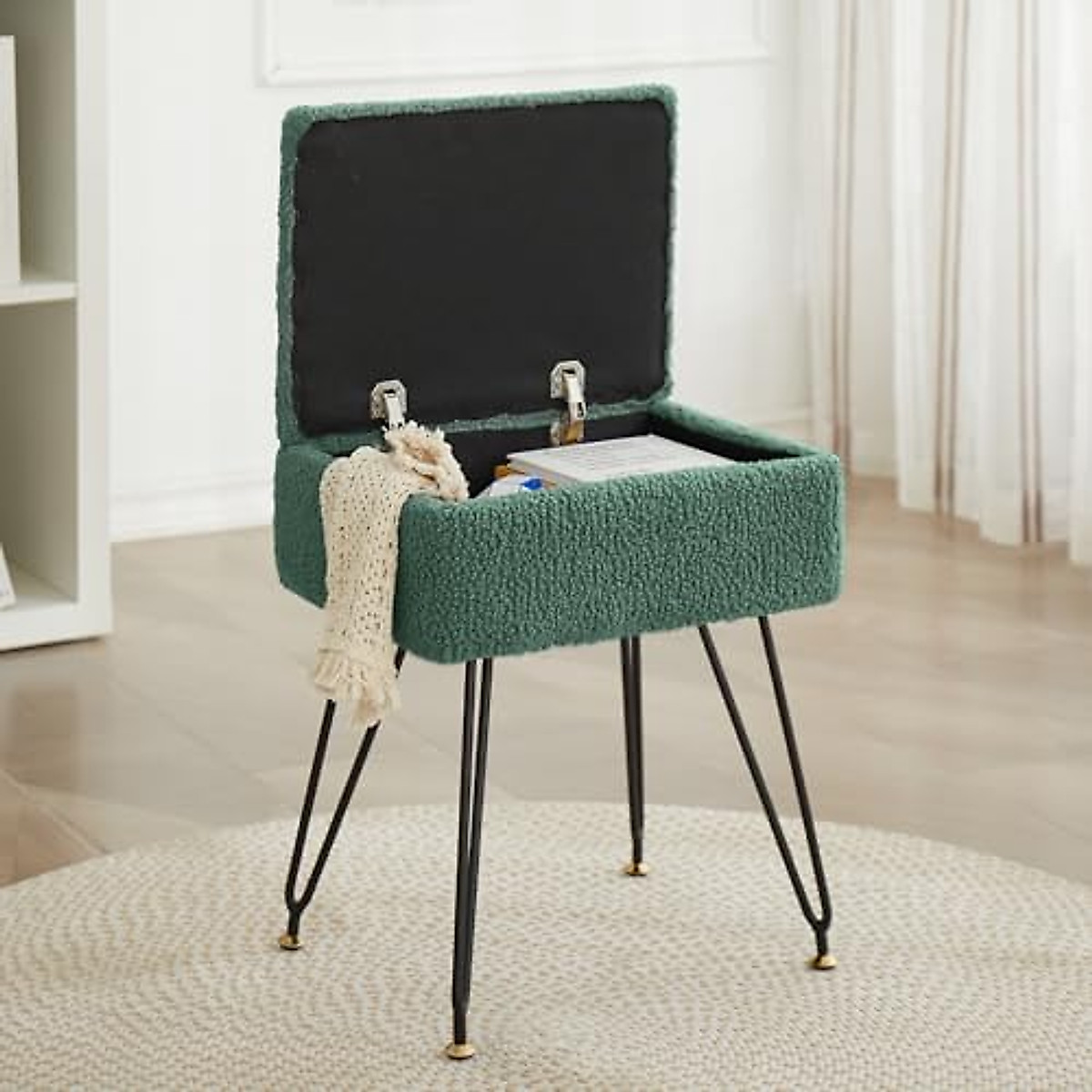 Leesingdo Vanity Stool Chair, Faux Teddy Fur Ottoman Foot Stool with Metal Legs & Adjustable Black Feet, Flip Top Storage Makeup Stool with Soft Padded Seat, Foot Rest for Makeup Room Bedroom, Green