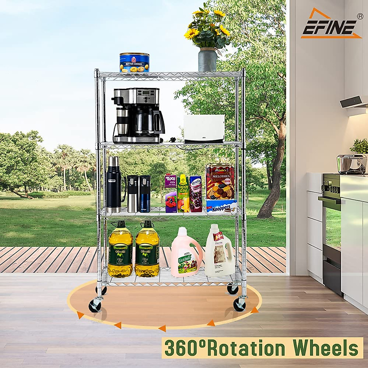 EFINE Chrome 4-Shelf Shelving Units and Storage on 3'' Wheels with 4 Shelf Liners, Adjustable Heavy Duty Steel Wire Shelving Unit for Garage, Kitchen, Office (36W x 14D x 57.7H) Pole Diameter 1 Inch
