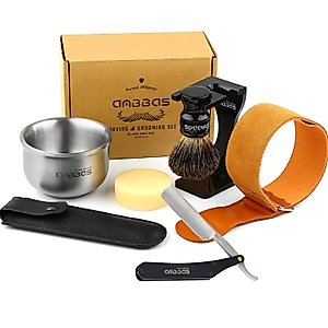 7in1 Anbbas Badger Shaving Brush,Stand,Lathering Bowl,3.5oz Soap,Straight Razor with Bag and Razor Strop Shaving Set for Men