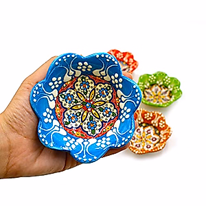 Silver Craft 6 Pcs Daisy Shaped Hand Painted Decorative Serving Turkish Tiny Bowls - Handmade Ceramic Bowl - Set of 6 (3.7 inc/9.5cm) 2.5 Oz Pinch Multicolor Small Serving Bowls - Best Gift Set