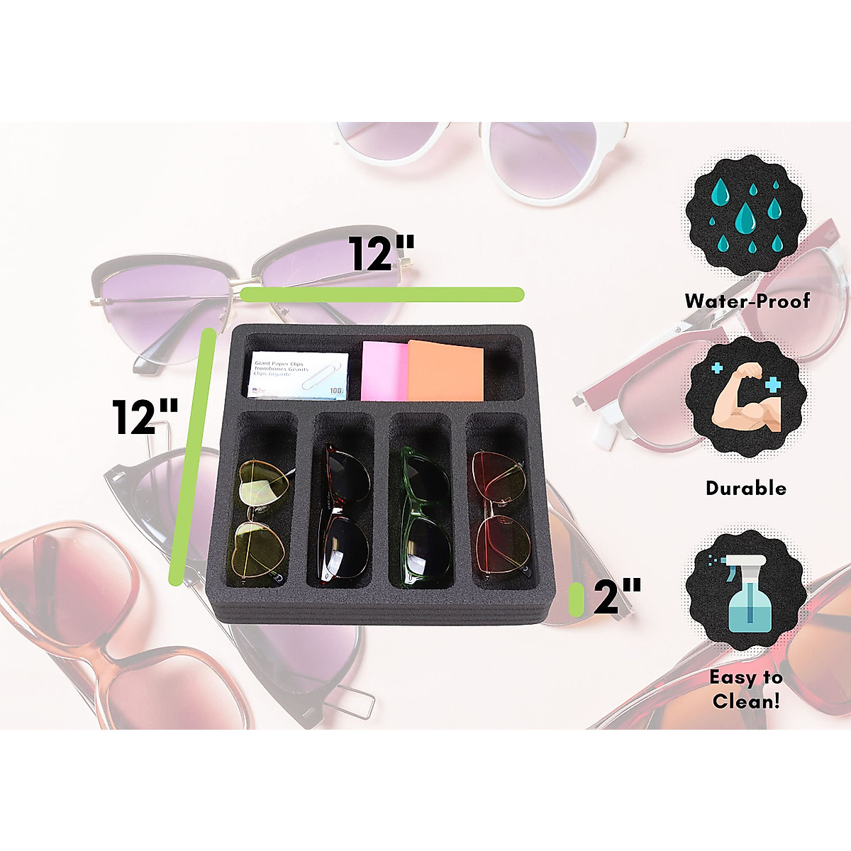 Polar Whale Sunglasses Drawer Organizer Tray Insert for Home Bedroom Bathroom Vanity Dresser Counter Table Waterproof Washable Black Foam 5 Compartment 12 x 12 Inches