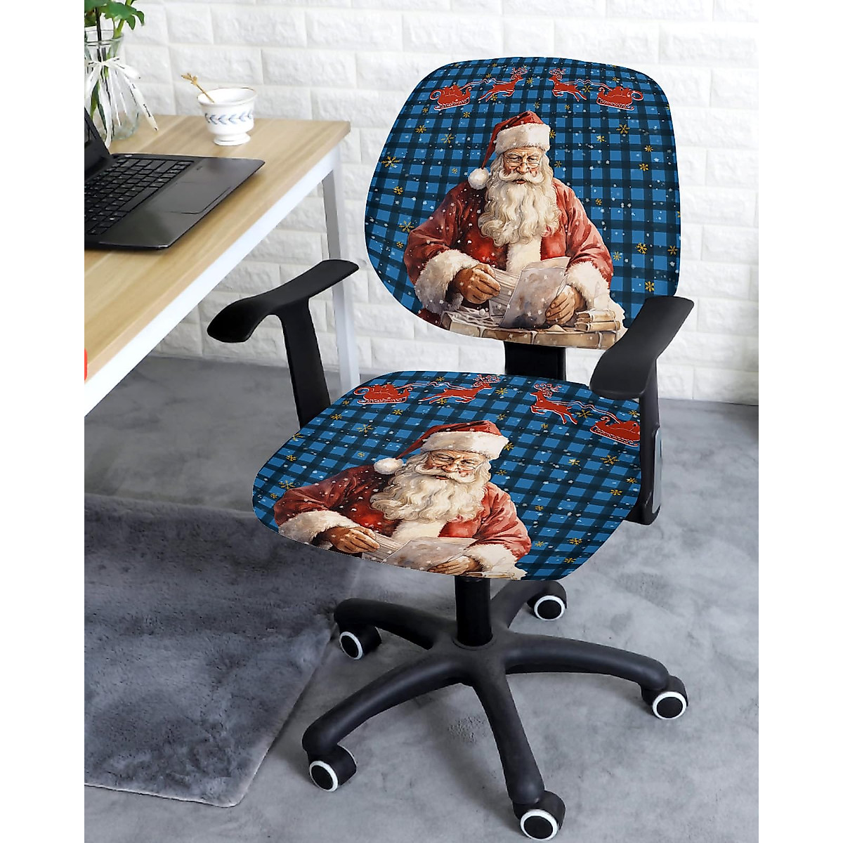 Christmas Santa Office Chair Cover Stretchable Computer Chair Seat Cover Backrest Slipcovers, Stretchable Rotating Desk Chair Seat Cushion Split Protectors Elk Buffalo Plaid Check Blue Snowflake