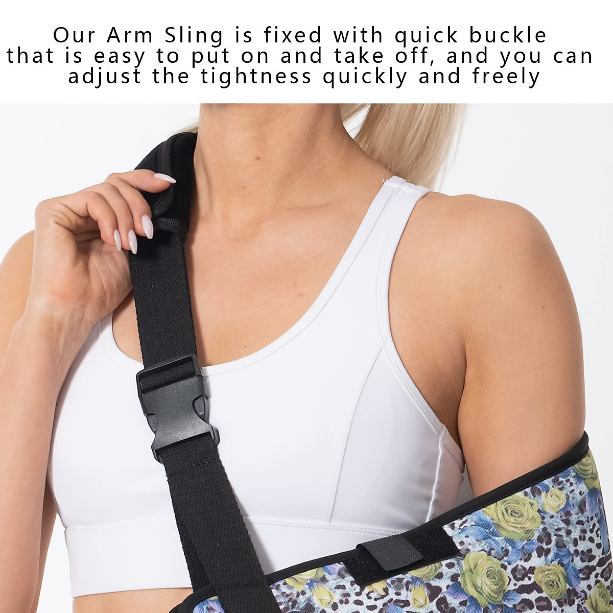 Fotgok Foam Arm Sling with Waist Strap Elbow Brace Support Arm Immobilizer for Shoulder Injury for Women, Green Rose Leopard