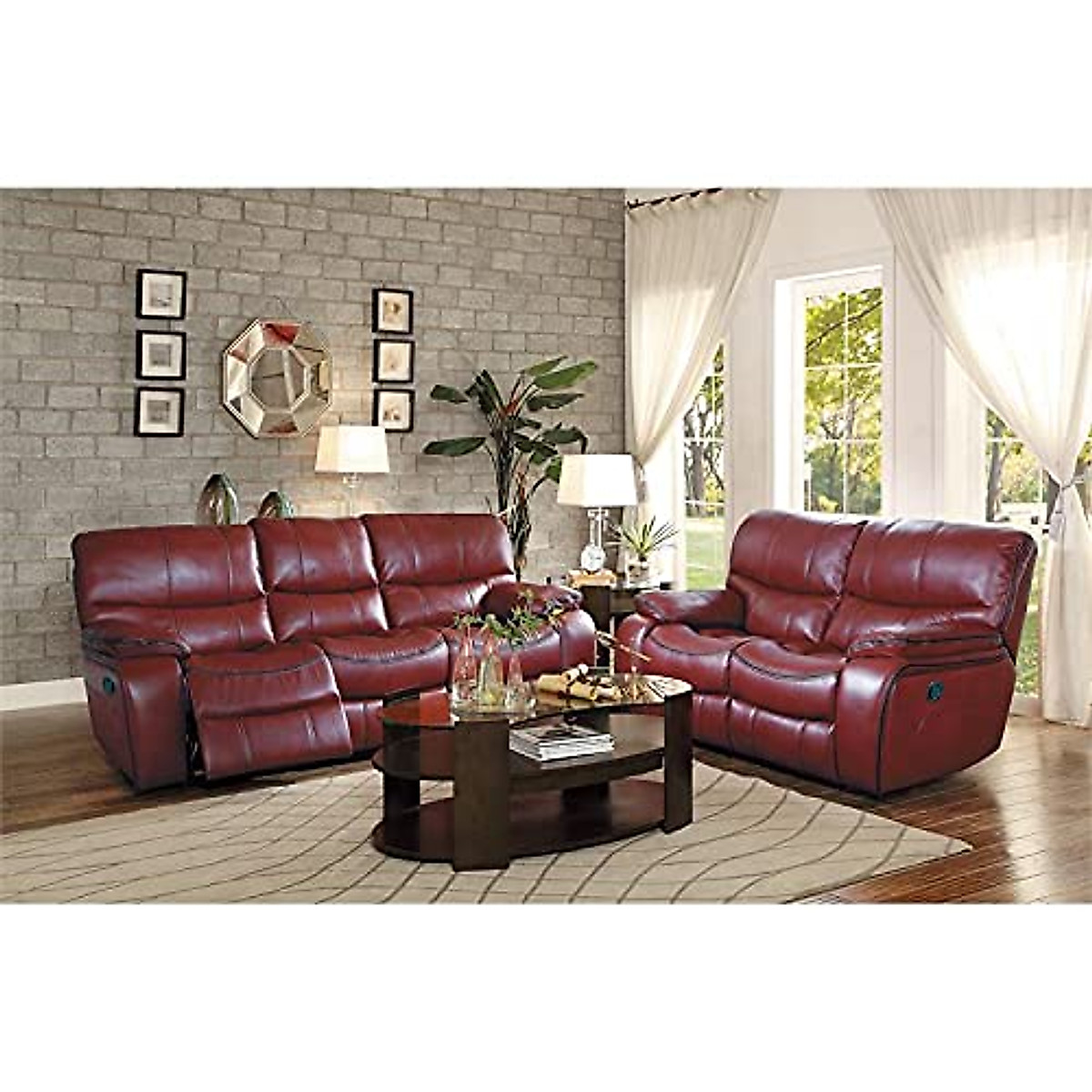 Pemberly Row 19.5" Traditional Faux Leather Double Reclining Sofa in Red