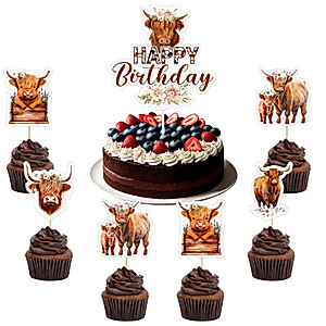 Tanlade 25 Pcs Highland Cow Cake Topper and Highland Cow Cupcake Topper, Highland Cow Birthday Decorations Highland Cattle Cake Decorations for Farm Animal Zoo Boy Girl Birthday Party Decor