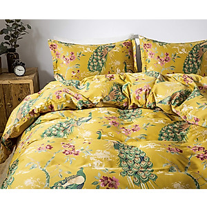 Eikei Chinoiserie Chic Peacock Floral Duvet Cover Paradise Garden Botanical Bird and Tree Branches Vintage Stylized Long Staple Cotton Bedding Set (Queen, Citrine)